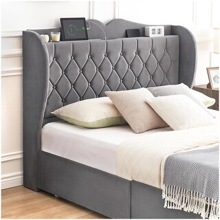 Bed Frame with 4 Drawers, Upholstered Platform Bed with Charging ...