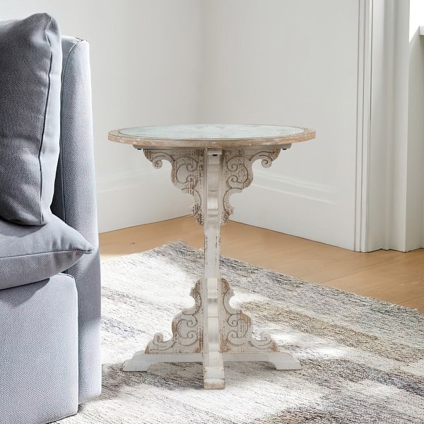 29 Inch Classic Accent Table, Fir Wood, Scrollwork, Pedestal ...
