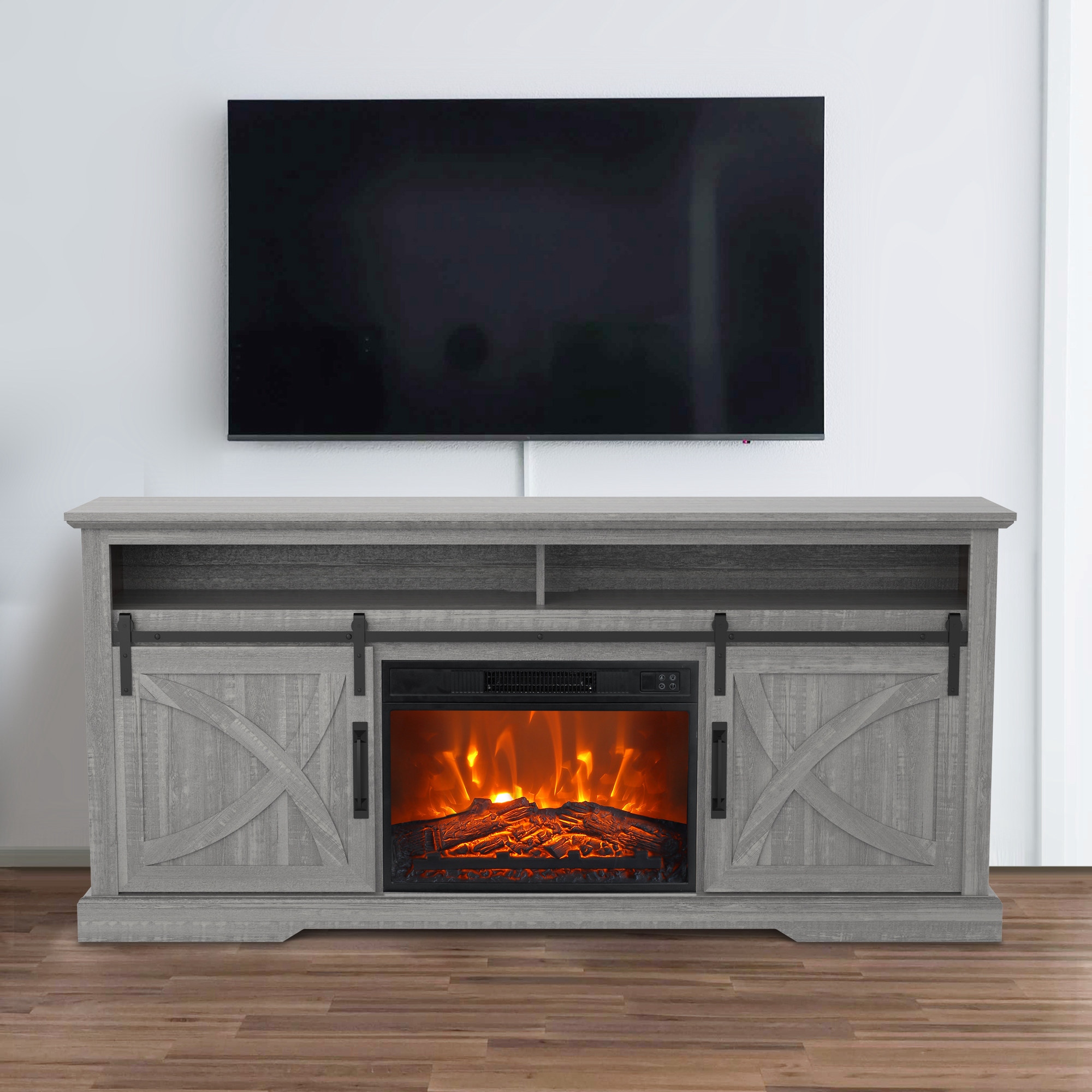68 Farmhouse Grey Electric Fireplace TV Stands Console for 78 inch TV with Remote