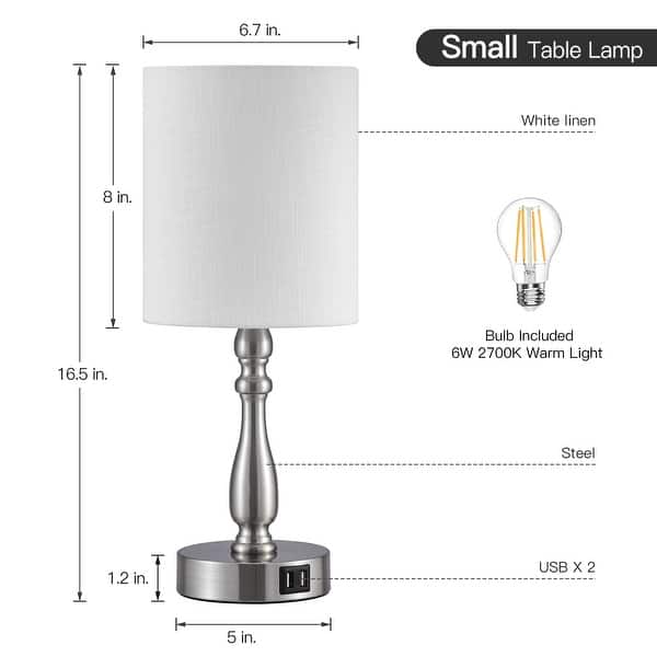 3-Way Dimmable Touch Control Small Table Lamp with 2 USB Port, Brushed ...