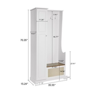 White Hall Tree - Bench with Adjustable Cabinet and Hooks for Entryway ...