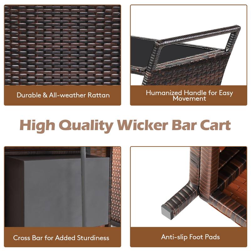 Wicker Bar Cart Patio Counter Table with Wheels and Ice Bucket ...