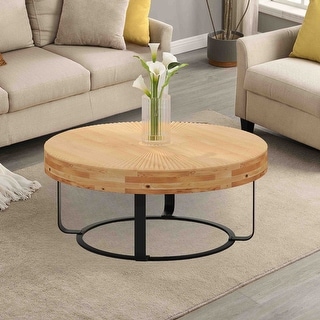 Round Coffee Table Wooden Carving Pattern Coffee Table with Metal Legs ...
