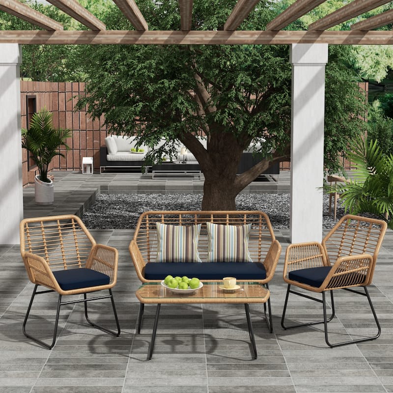 Arden 4-Piece Outdoor Wicker Patio Conversation Set with Cushions ...