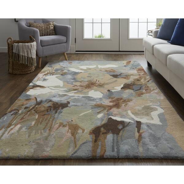 5' X 8' Tan Gray And Green Wool Floral Tufted Handmade Area Rug - 3'6 ...