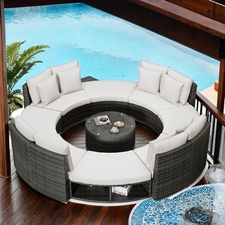 Circular Outdoor Sectional Sofa Lounge Set with Coffee Table, Beige ...