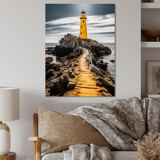 Designart "Grey And Yellow Lighthouse Photo II" Nautical & Beach Metal ...