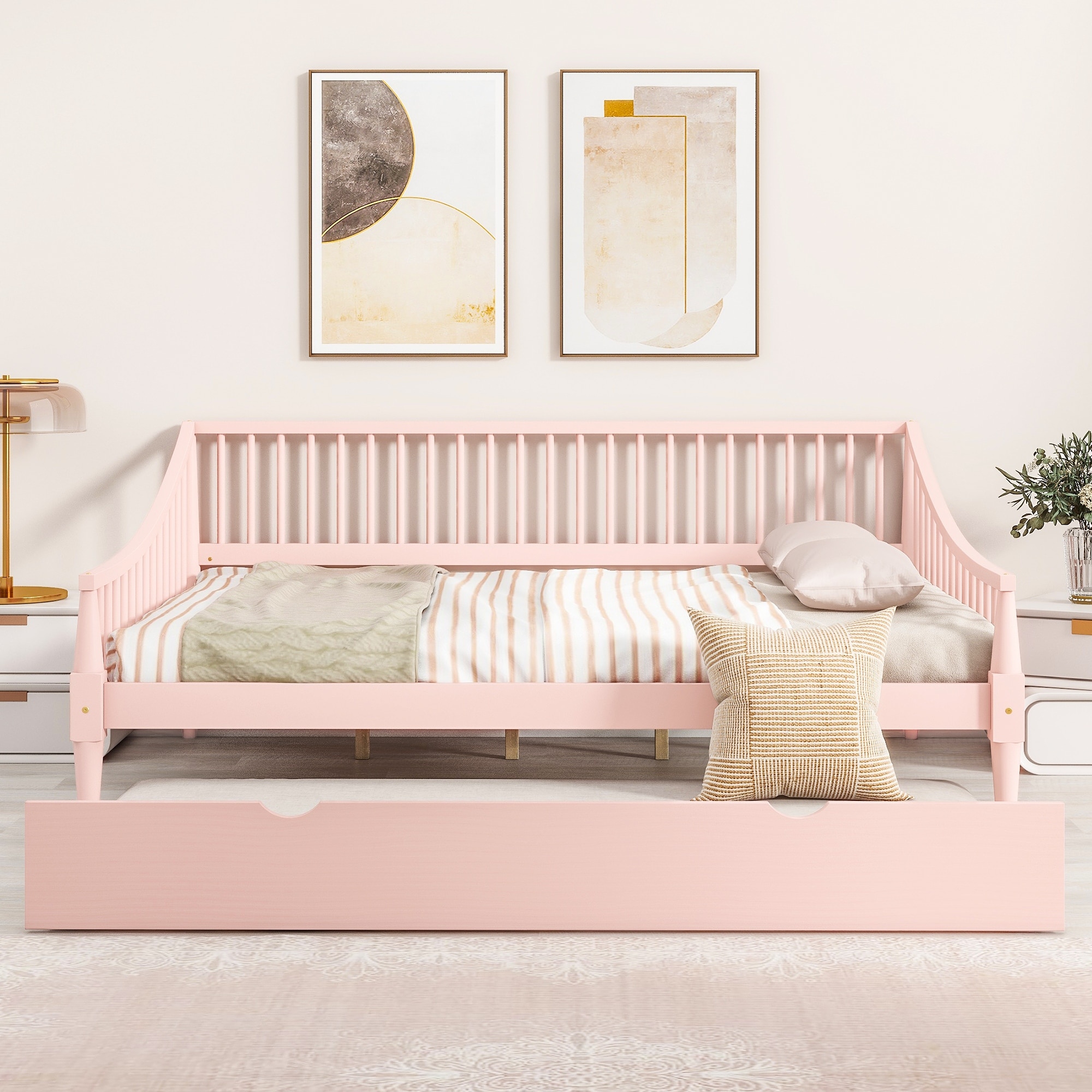 White Full Size Daybed with Trundle, Rear Support Legs - Fence Design ...