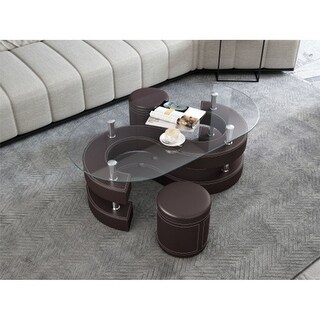 Brown coffee table glass tea table 2 leather stools table - Bed Bath ...