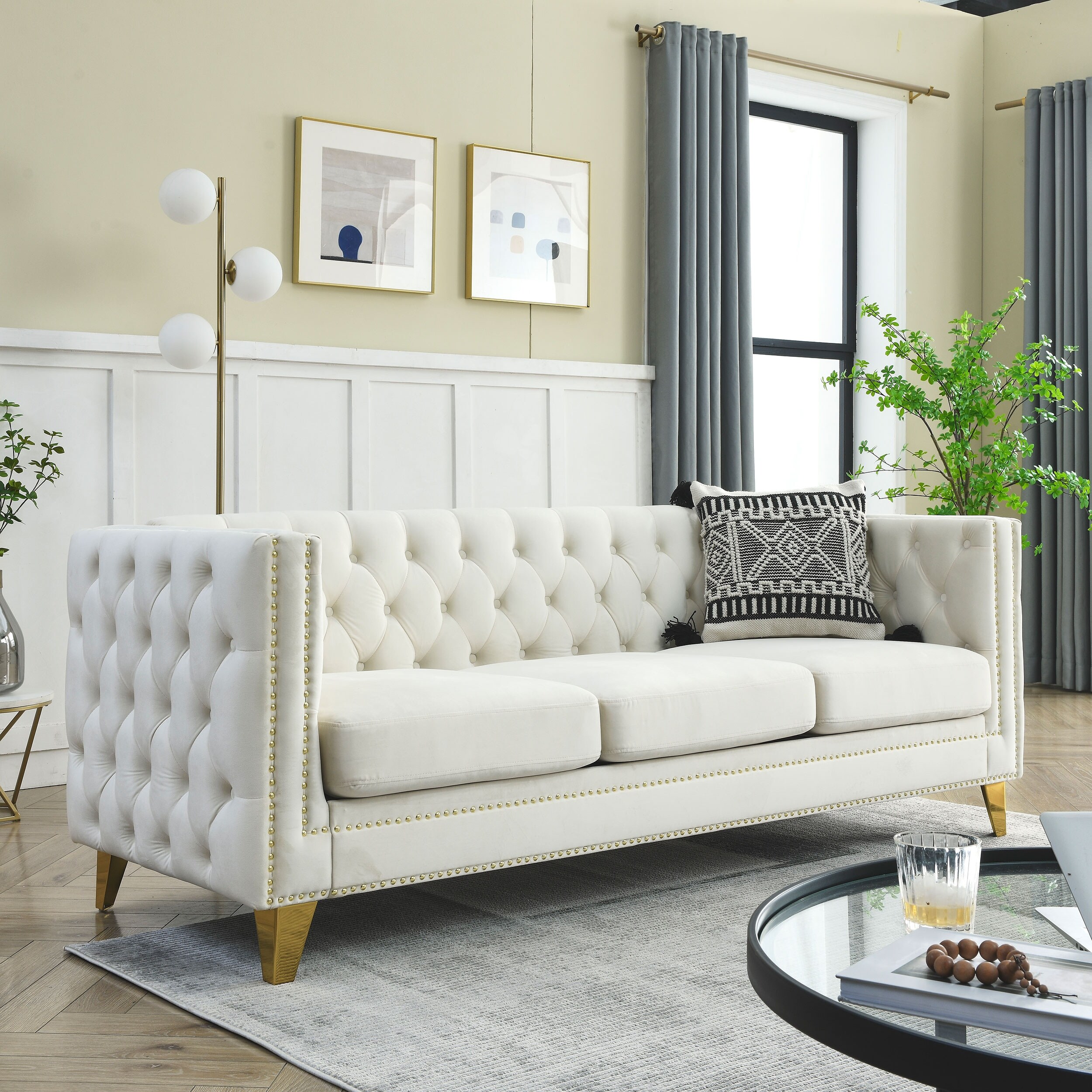 Americana Style 2 piece Sofa Set Velvet Upholstered Button Tufted Living Room Set