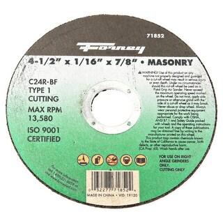 Forney 71852 Masonry Cutting Wheel, Type 1, 4-1/2" x 1/16" x 7/8" Arbor ...