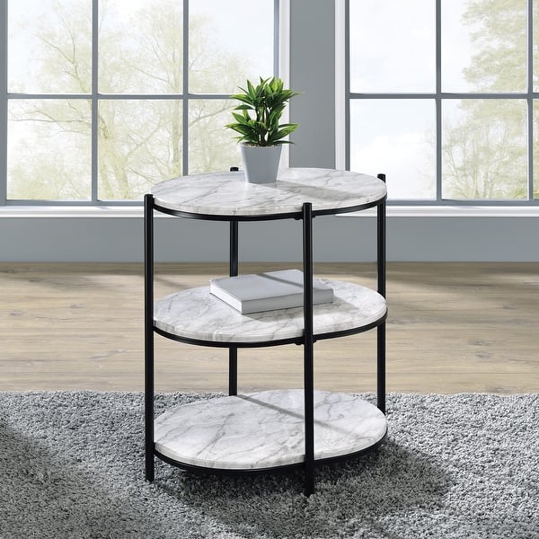 Renton 3-Tier Oval Table with White Marble Shelves and Black Frame ...