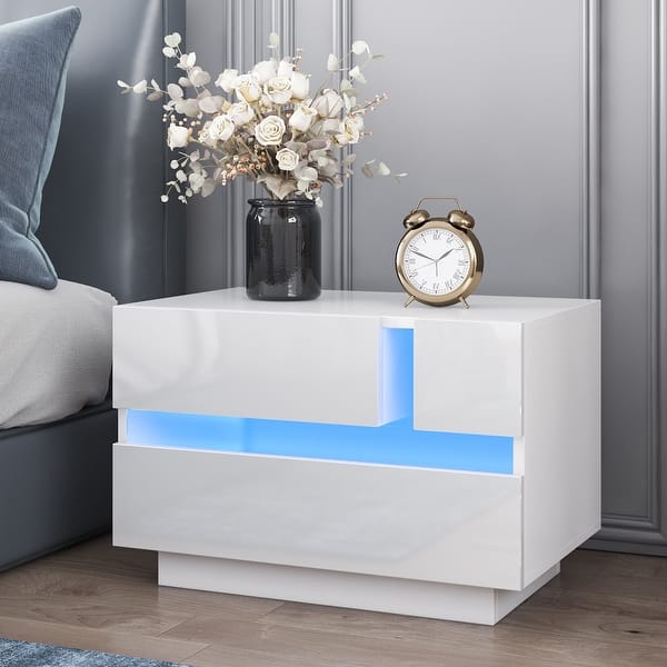 High Gloss Nightstand Modern LED Bedside Table 2 Drawers Night Stand ...