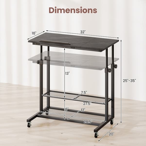 Mobile Standing Desk Adjustable Height Rolling Table with Tilt Top ...