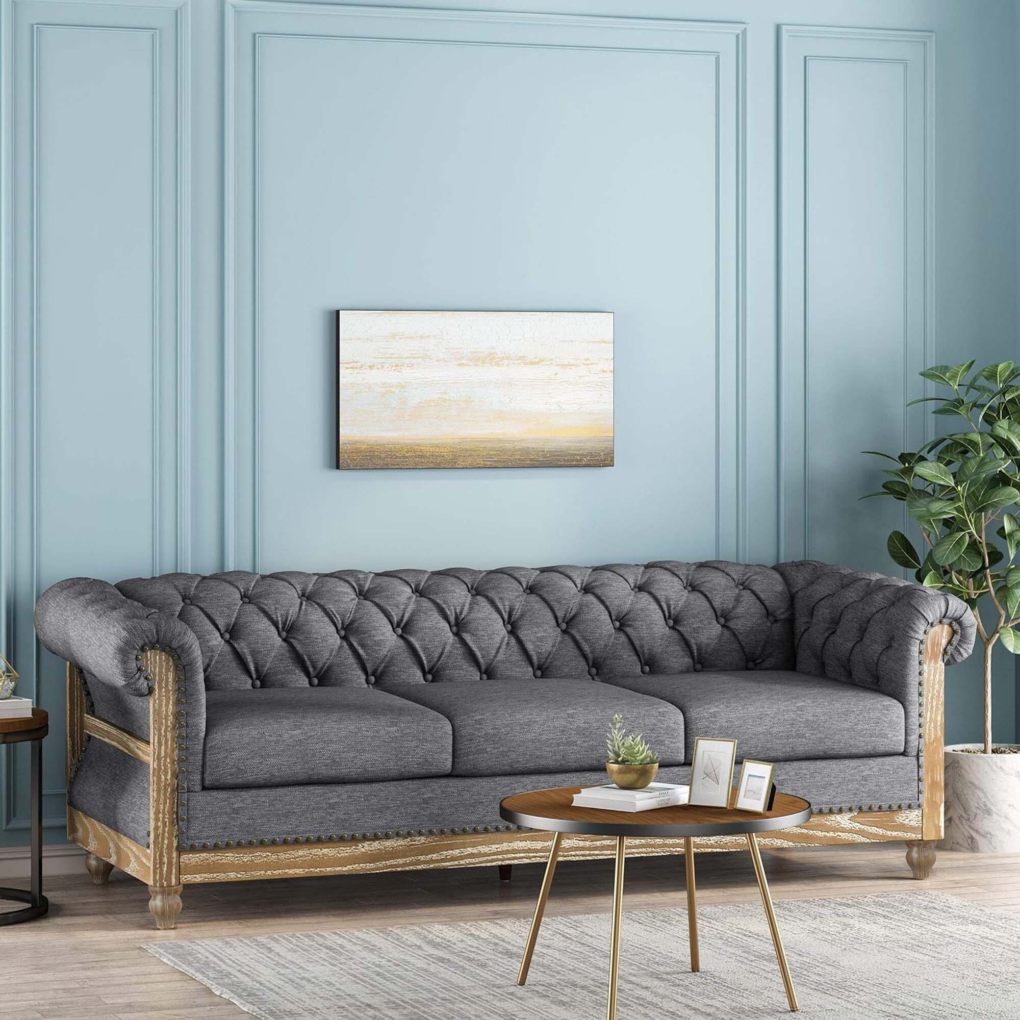 Grey 85.5 Tufted Polyester 3 Seater Sofa with Wooden Legs Retro Design and Metal Rivets