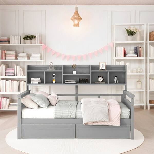 Full Size Kids Daybed with Bedside Shelf and 2-Drawers, Grey - Bed Bath ...