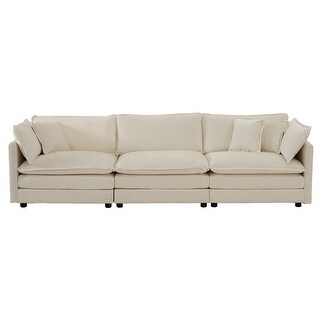 111.5" Beige Chenille Upholstered Deep Seat Settee, 3-seat Convertible ...