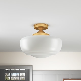 Vintage Gold 1-Light White Glass Semi Flush Mount Lighting Fixture ...