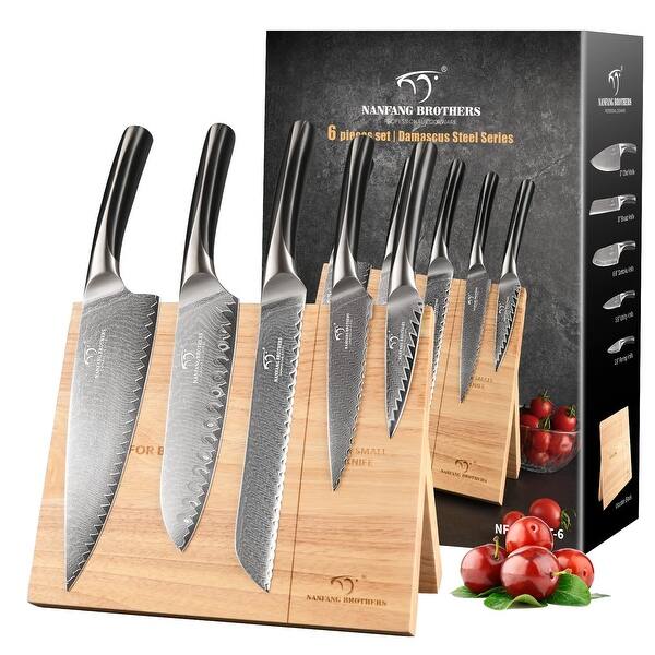 6-Piece Damascus Steel VG10 Kitchen Knife Set with Wood Magnetic Knife ...