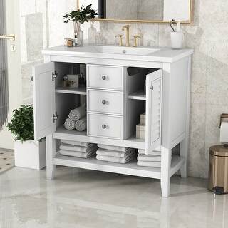 36" Bathroom Vanity with Ceramic Basin,Two Cabinets and Drawers,Open ...