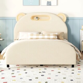 Full Upholstered Platform Bed with Bear-Shaped Headboard and Light ...