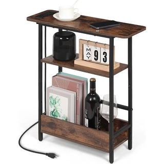Slim 3-Tier Side Table with USB-C Charging & Magazine Holder for Small ...