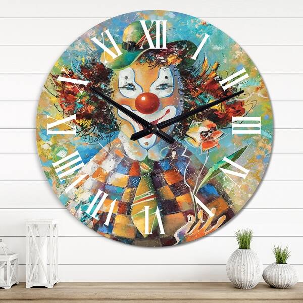 Designart 'Colorful Clown With A Flowers' Children's Art wall clock ...