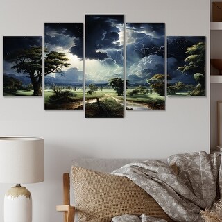 Designart "Green Storm Chasing Lightning" Landscapes Multipanel Canvas ...