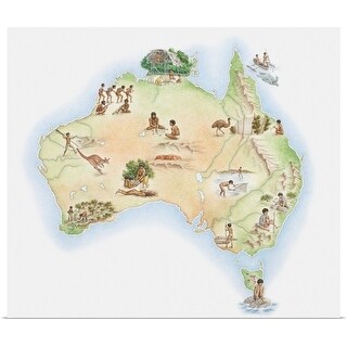 Illustrated map of Australia showing wildlife and Aborigine population ...