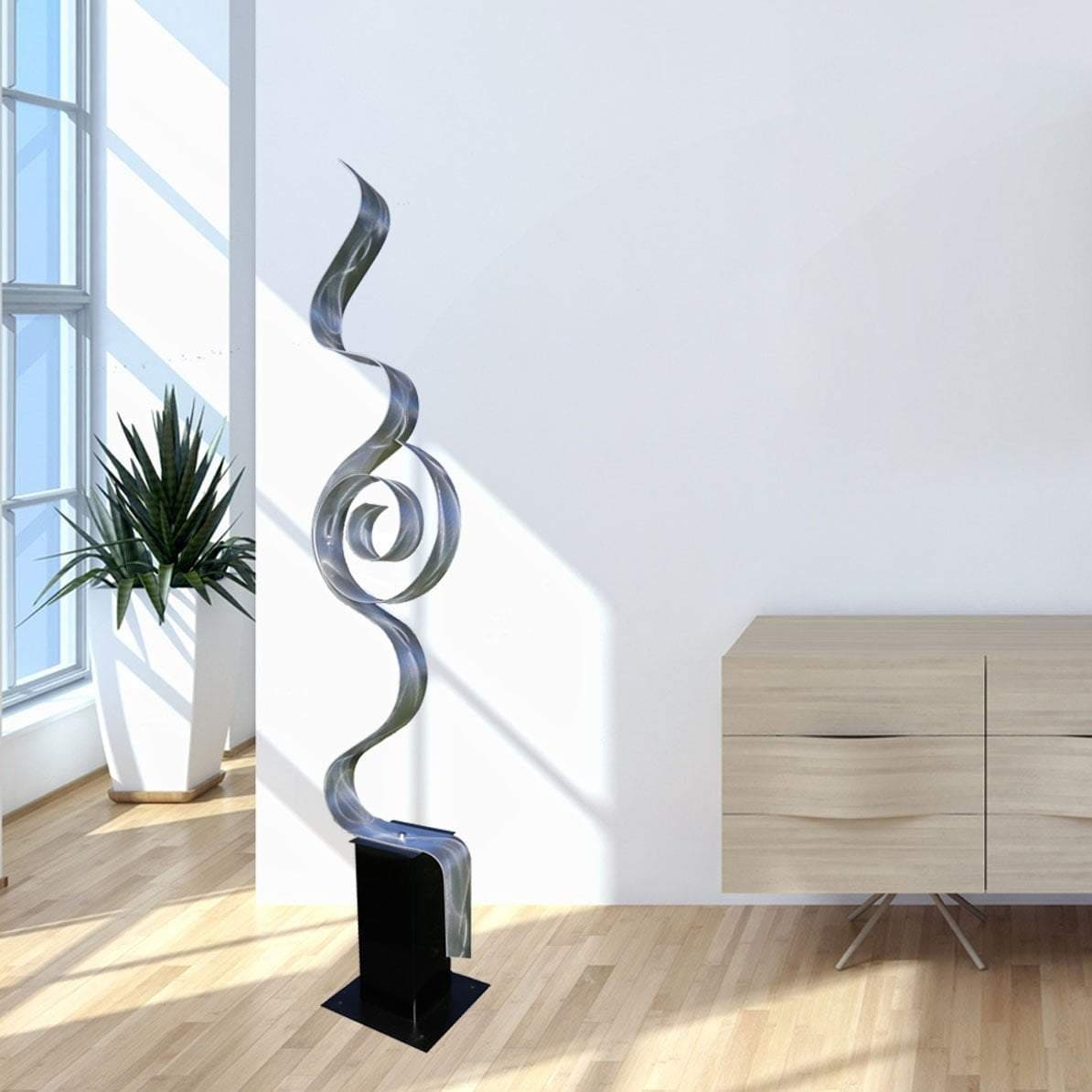 Aluminum Metal Swirl Abstract Sculpture with Black Base - Black, Silver ...