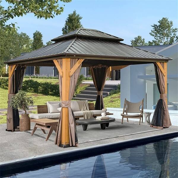 12'x14' Outdoor Wood Frame Hardtop Gazebo,Galvanized Steel Double Roof ...