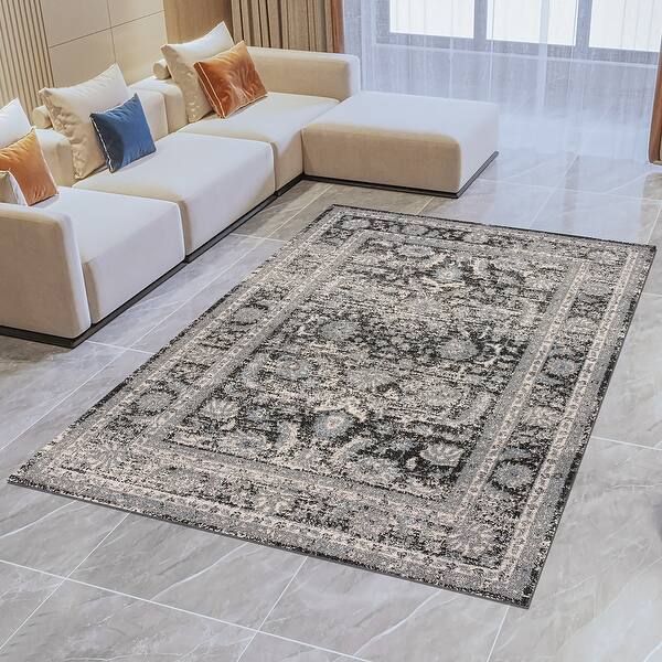 Rome Traditional Border Floral Tribal Grey Area Rug - 5' 3" x 7' 6 ...