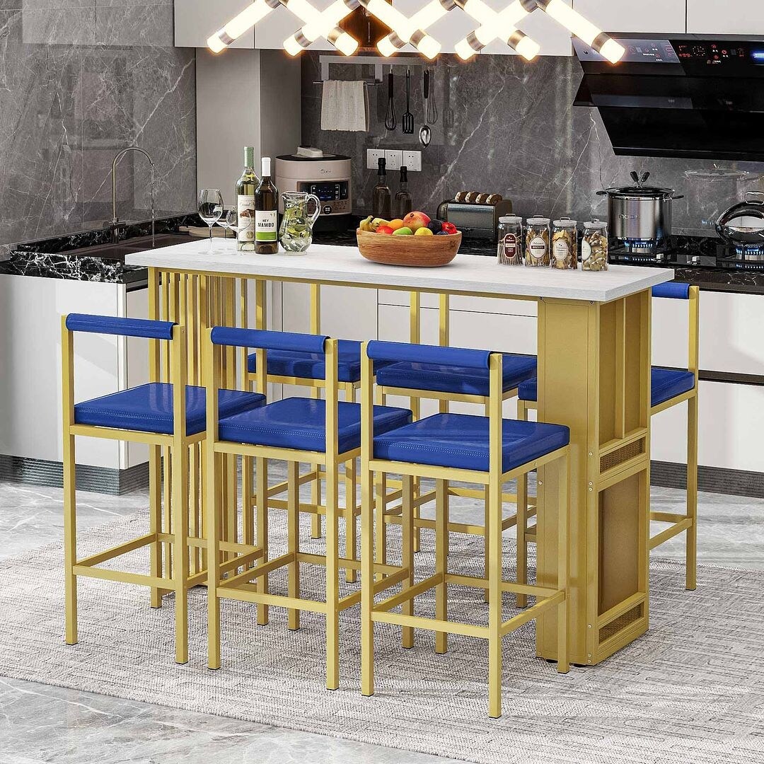 7 Piece Modern Tall Dining Table Set with Open Shelves and 6 Upholstered Stools for Restaurants Bars and Cafes White Green