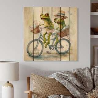 Designart "Green Frogs Riding A Bike" Animal Frog Print on Natural Pine ...