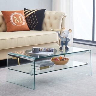 Glass Coffee Table, Modern Tempered Clear Tables, 2-Layer Storage Glass ...