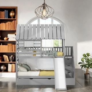 Roof and Window Design Twin Over Twin House Bunk Bed with Trundle and ...