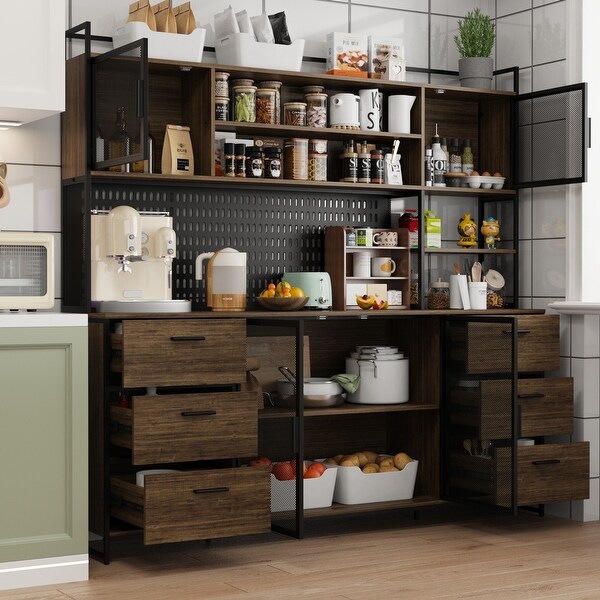 Kerrogee Large Kitchen Hutch Cabinet Pantry with Metal Doors 6 Drawers Shelves 70.9 W Wood