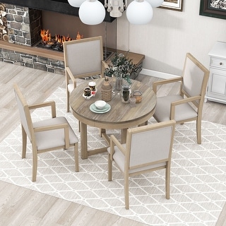 5-Piece Dining Table Set with Extendable Butterfly Leaf Round Table and ...