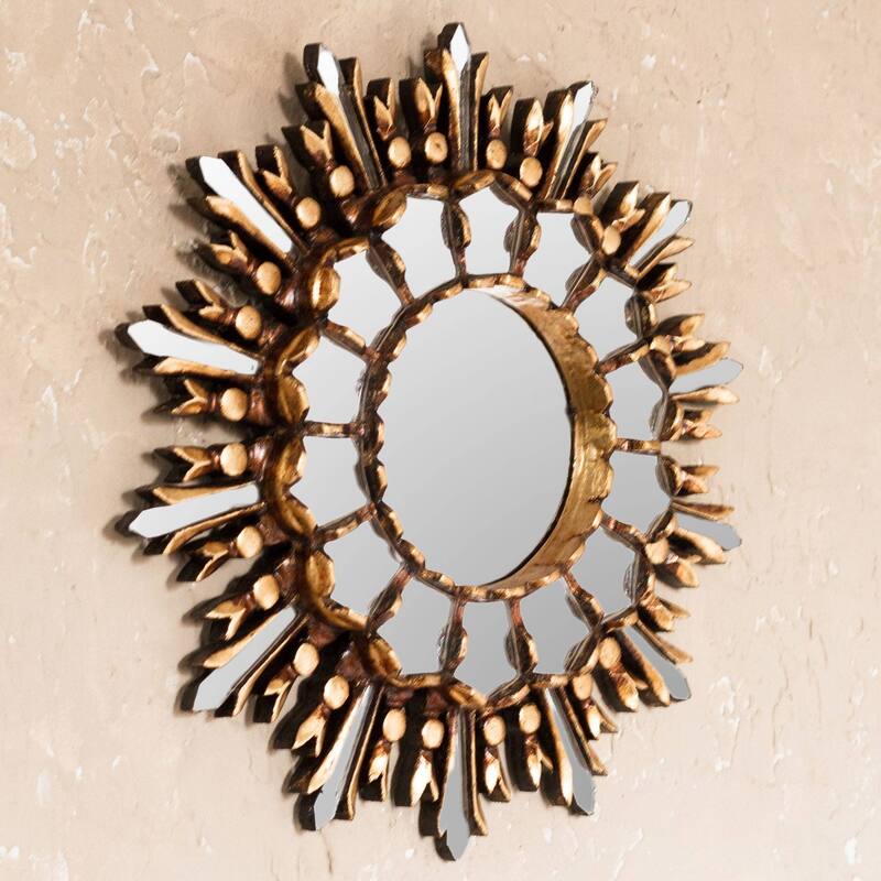 Handmade Shiny Sun Bronze gilded cedar wood wall mirror (Peru) - 1.2" H ...