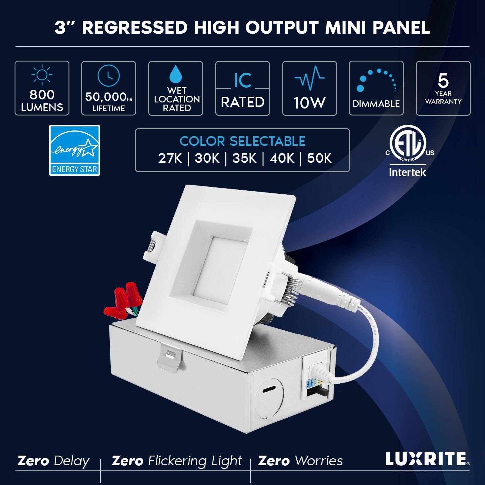 Luxrite 3" Square LED Recessed Ceiling Light J-Box 10W 5 Color ...