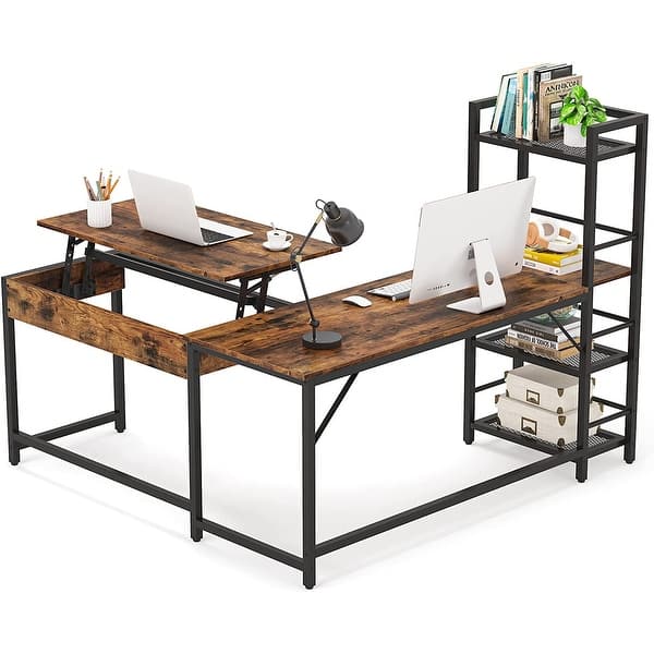L-Shaped Lift Top Desk with 4-Tier Storage Shelves Home Office - Bed ...