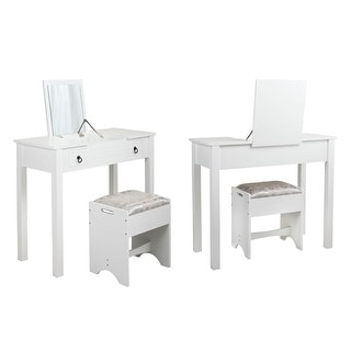 Makeup Vanity Set with Cushioned Stool, Wooden Vanity Table for Girls ...