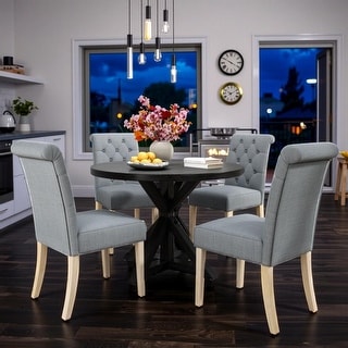Elegant Cross-Buck Round Table with 4 Tufted Chairs, Grey - Bed Bath ...