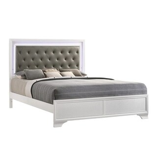 Lise King Size Bed, Gray Fabric Upholstery, LED Lit, Modern White Wood ...
