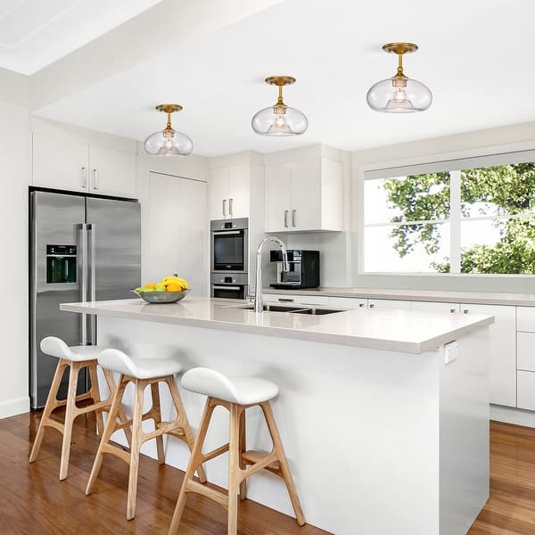 Charli Aged Brass 1-Light Curved Clear Glass Shade Semi-Flush Mount - N ...