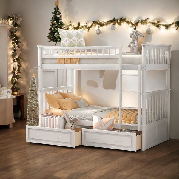 Pine Wood Twin over Twin Convertible Bunk Bed with 2 Drawers - Bed Bath ...