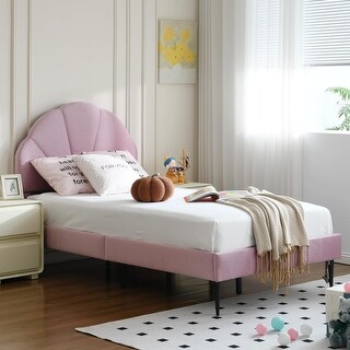 Pink Twin Bed with Seashell Headboard, Velvet Upholstered Platform Bed ...