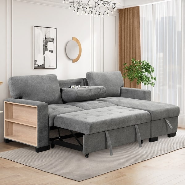 Light Chaise Lounge Sectional Sofa Pull-out Sofa Bed with Storage Rack ...