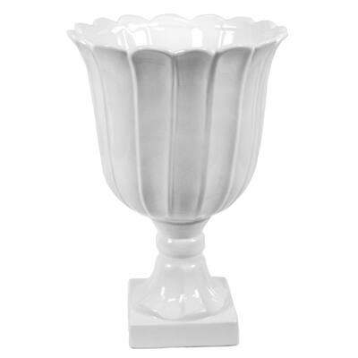 13.75 Inch Footed Urn Shaped Ceramic Vase with Block Base, White ...