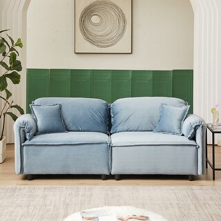 79" Light Blue Velvet Upholstered Sofa, Deep Seat Recliner Sofa w ...